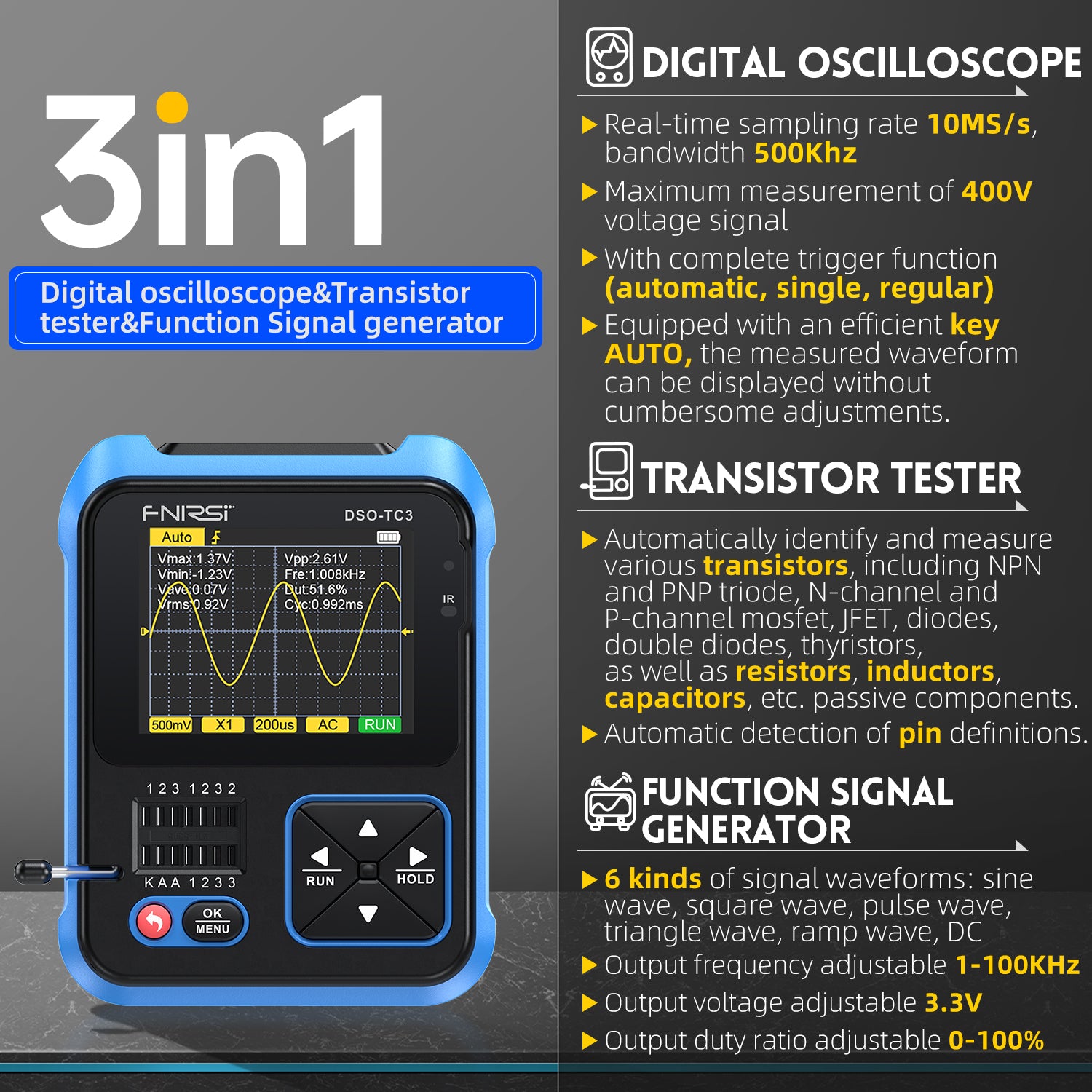 Osciloscopio Transistor Tester Función Generador De Señal 3 En 1